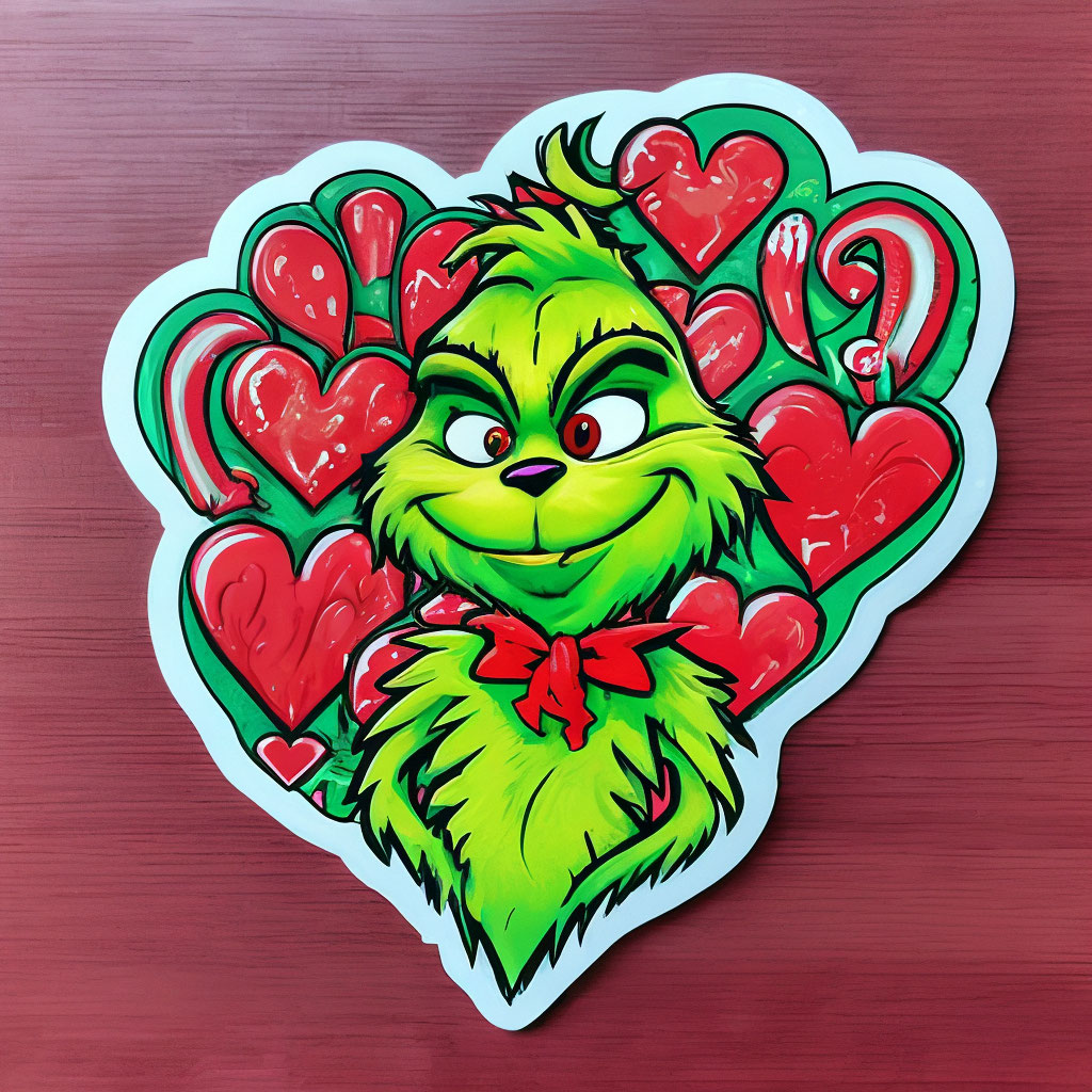 "Sticker lovesick Grinch thief of Christmas in front of big red hearts ...