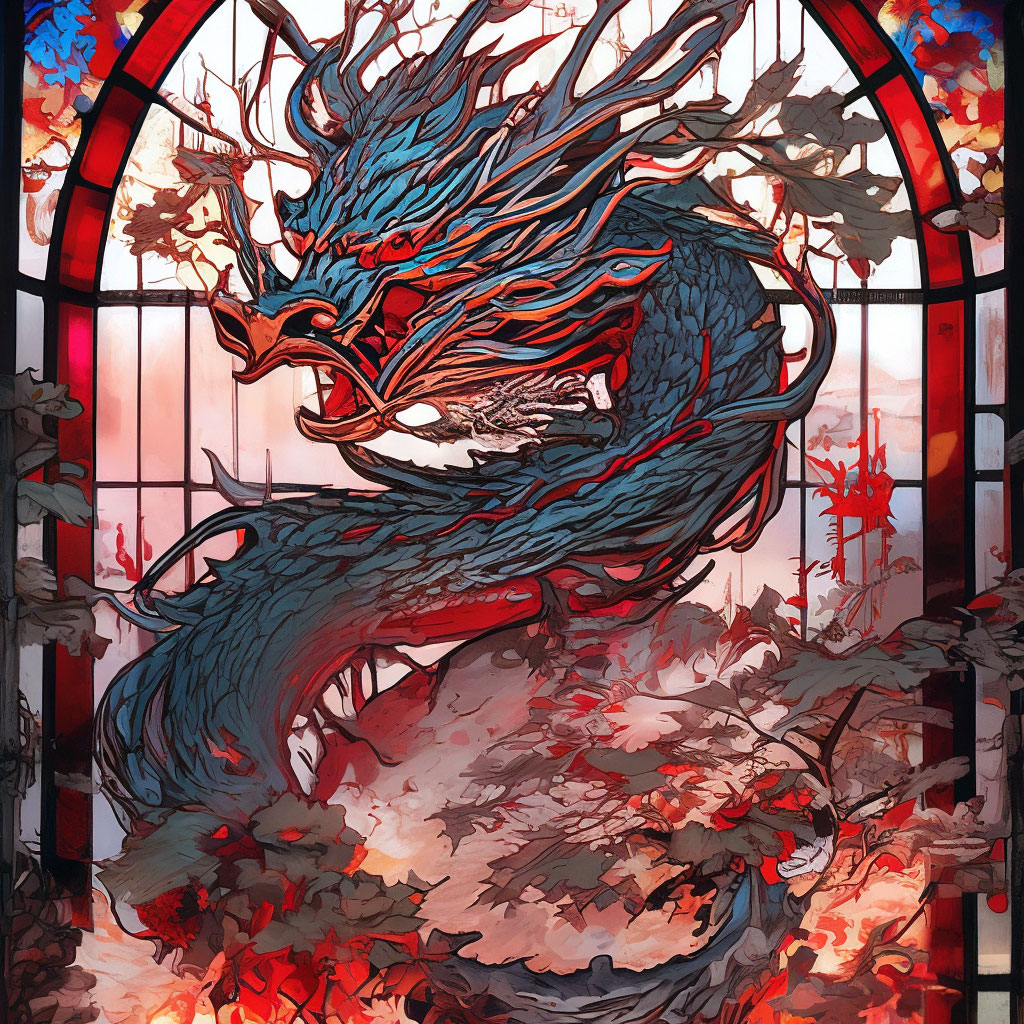 "Stained glass, evil Japanese dragon, flames around, lots of plants and ...