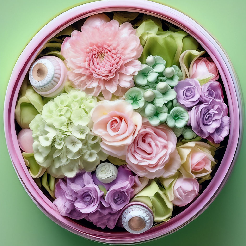 "Bouquet in a round box, top view, delicate, pastel colors ...