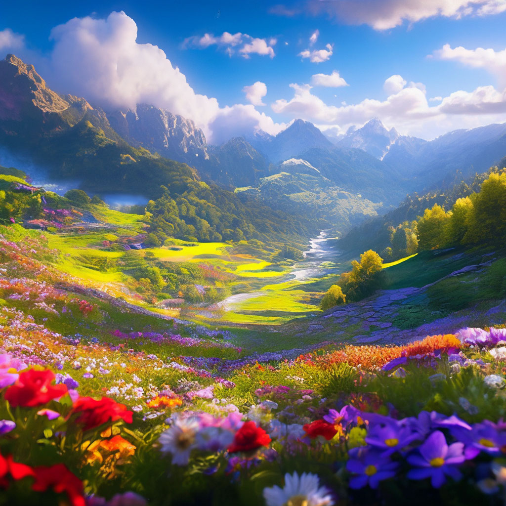 "Photorealism, fantasy, valley of variegated flowers, early morning ...