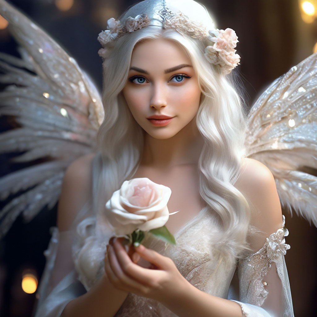 "Portrait of a cute elf,white dress,filigree mica wings, very beautiful ...