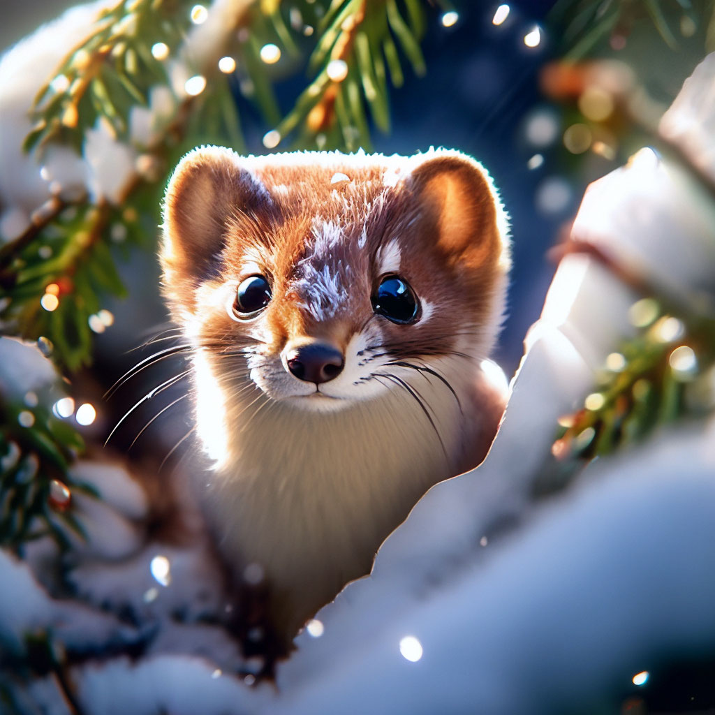 "Cute fluffy baby weasel peeks out from under the branches of the ...