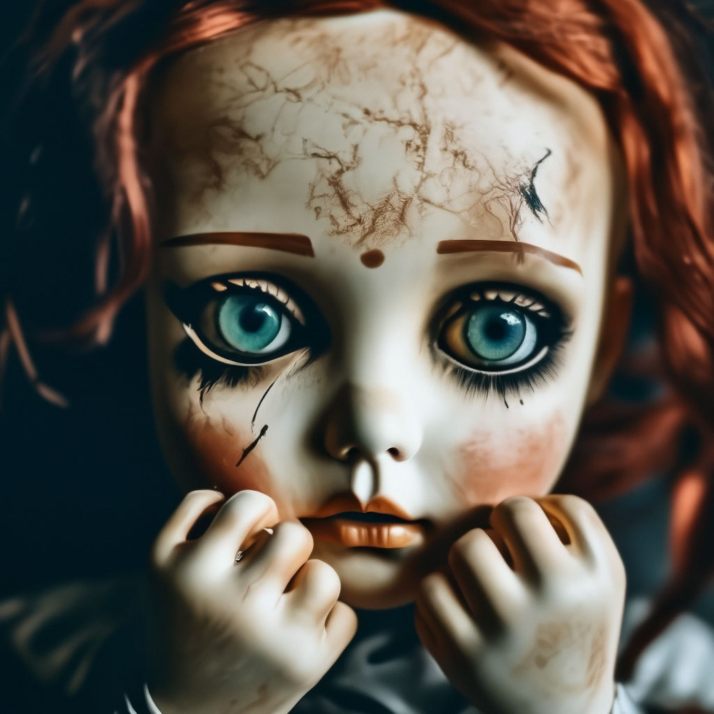 "A doll's face, a mouth sewn with threads and eyes sewn, a tear on the ...