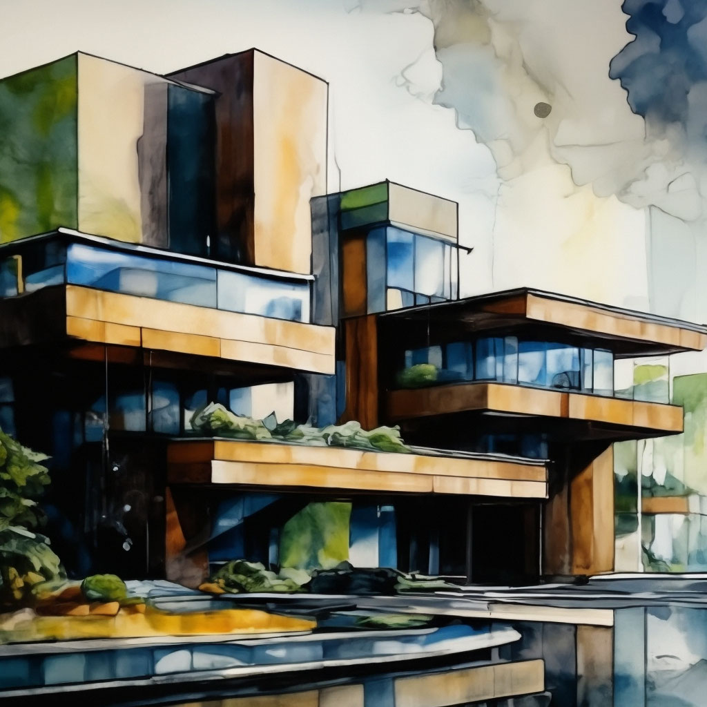 "Daub watercolor, ink, nervously, architecturistically, futurosno ...