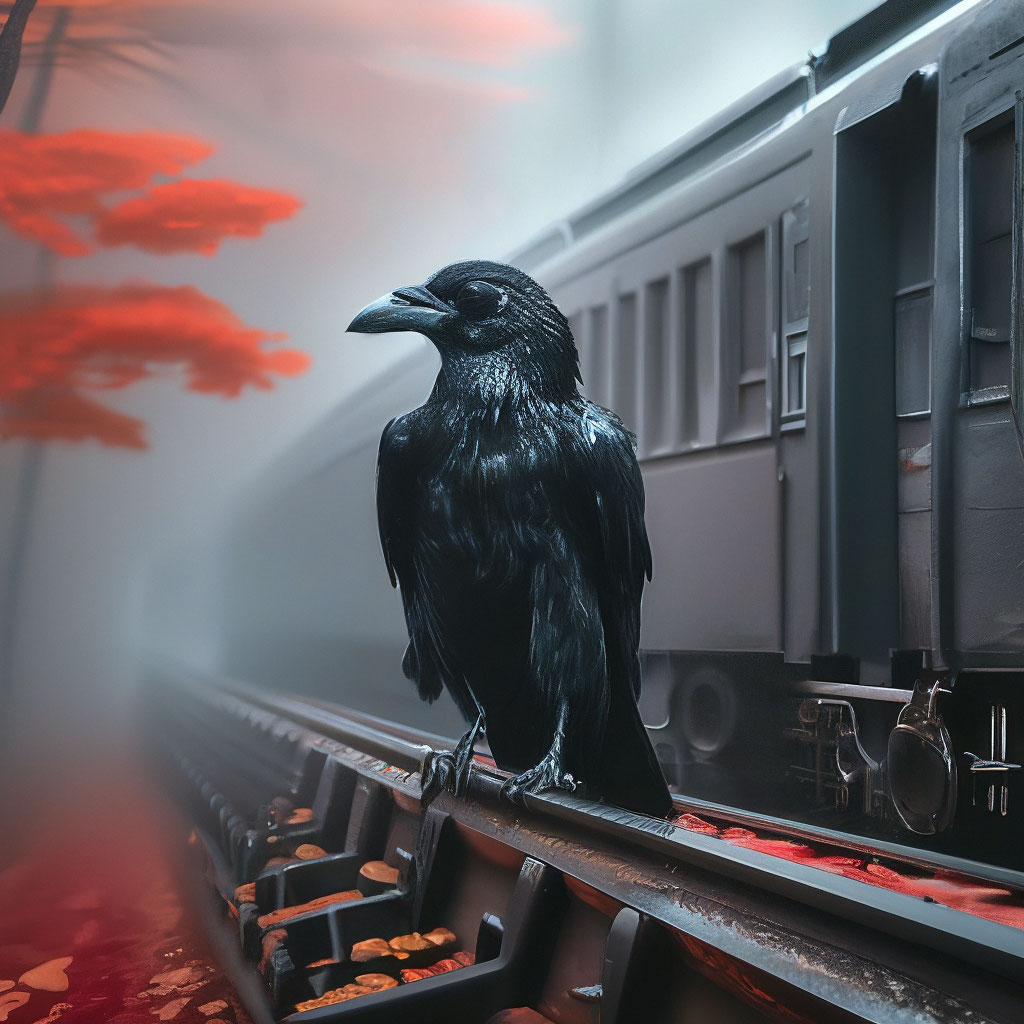 "Black raven sitting on a train carriage, fog, red autumn forest ...