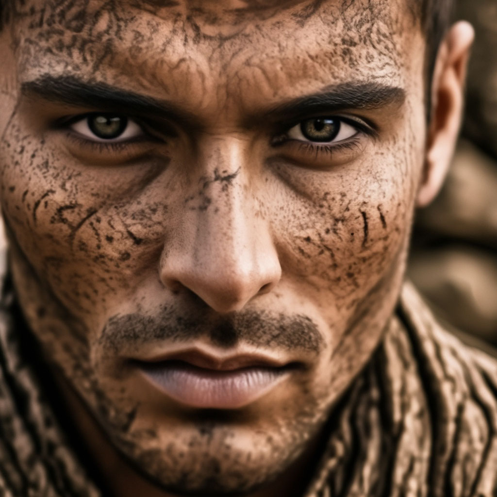 "Symbiosis of man,sand,stone,militant, man,expressive look,textured ...