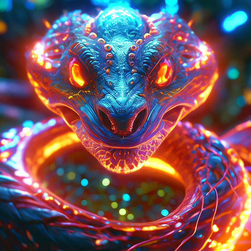 "Surrealism, snake, consists of fractals, fairy elf, smile, fiery ...