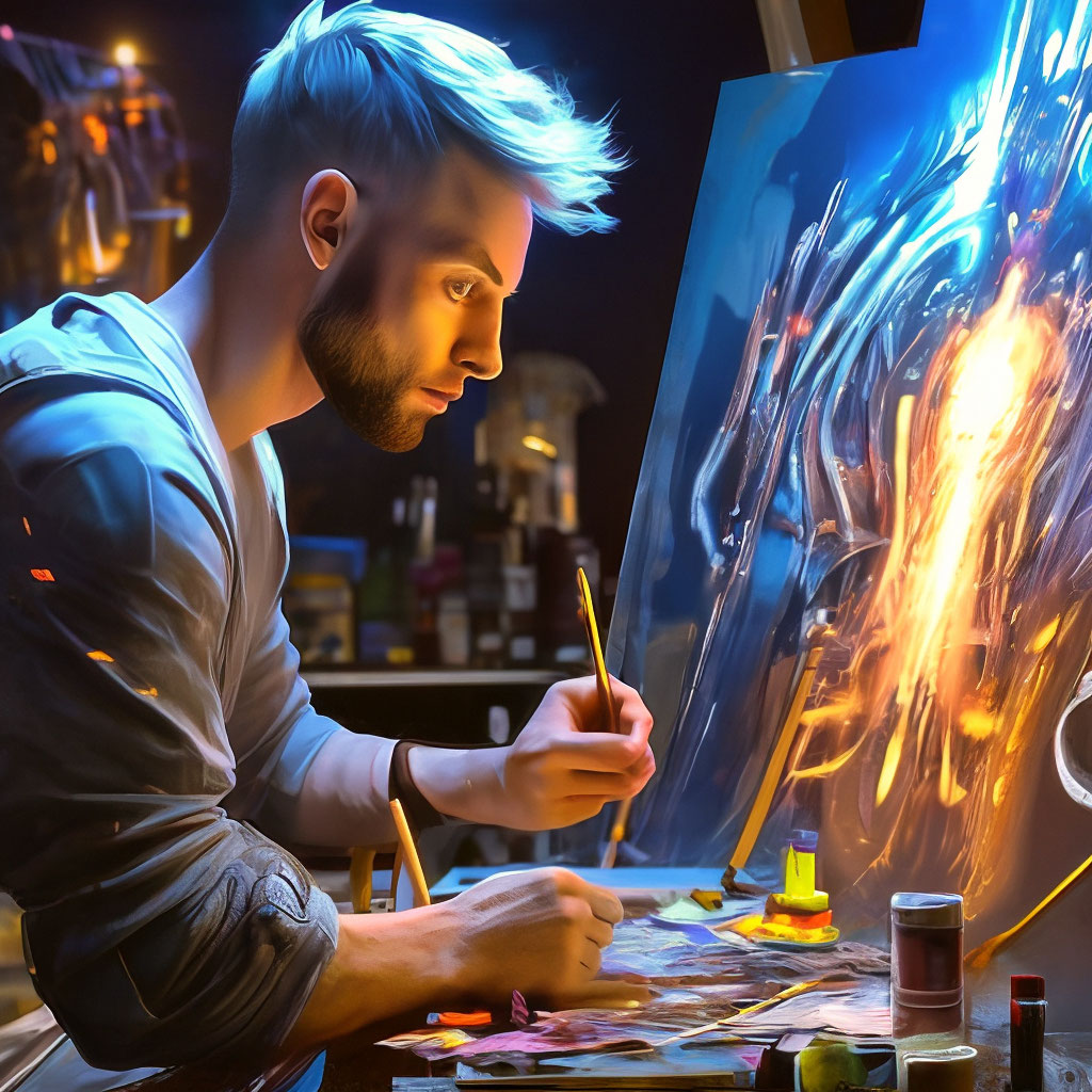 "Photo-realistic, guy artist paints a picture, hyperrealism ...