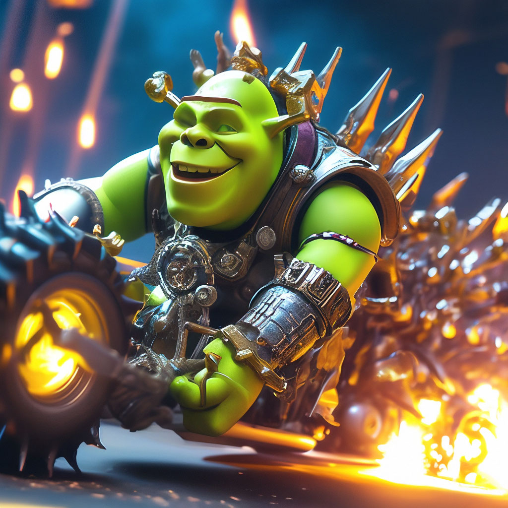"Harsh anthropomorphic shrek rocker, steampunk style, huge wheels with ...