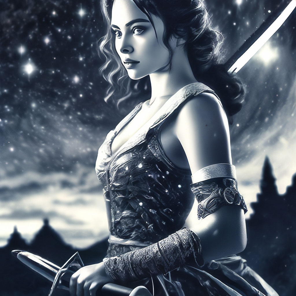 "A beautiful girl with a sword on the background of a dark starry night ...