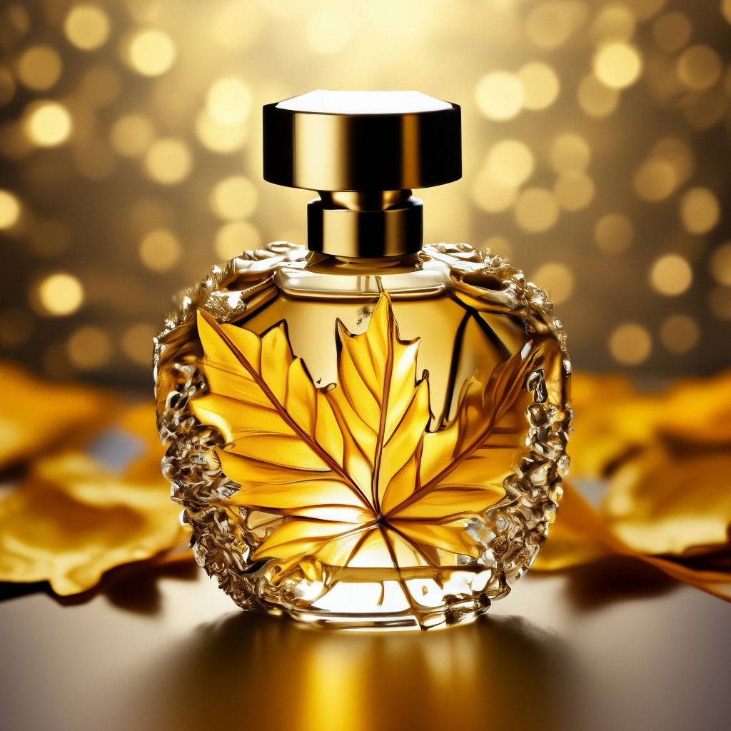 "Perfume bottle golden maple leaf with diamond droplets on veins ...
