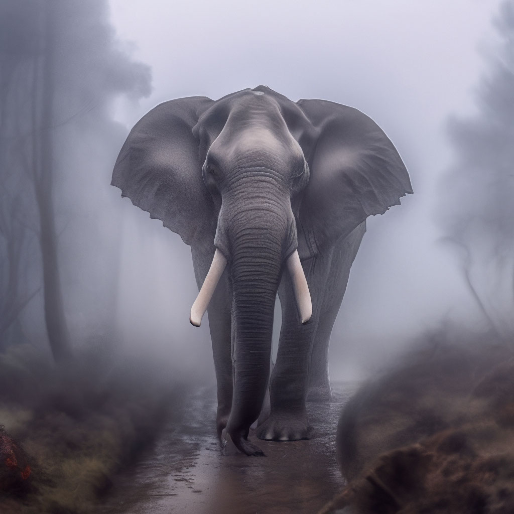 "The elephant in the fog" — image created in Shedevrum