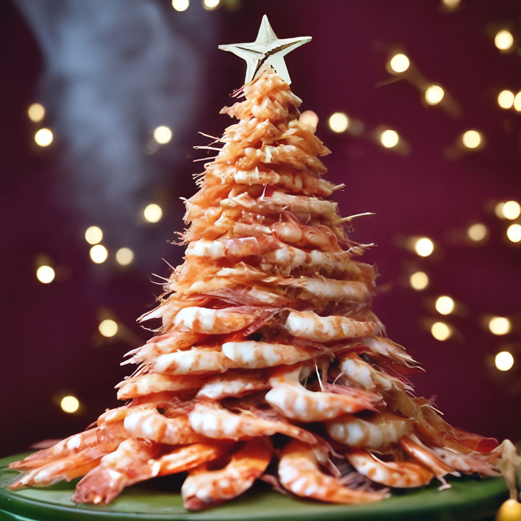 "Christmas tree made of dried large shrimp" — image created in Shedevrum