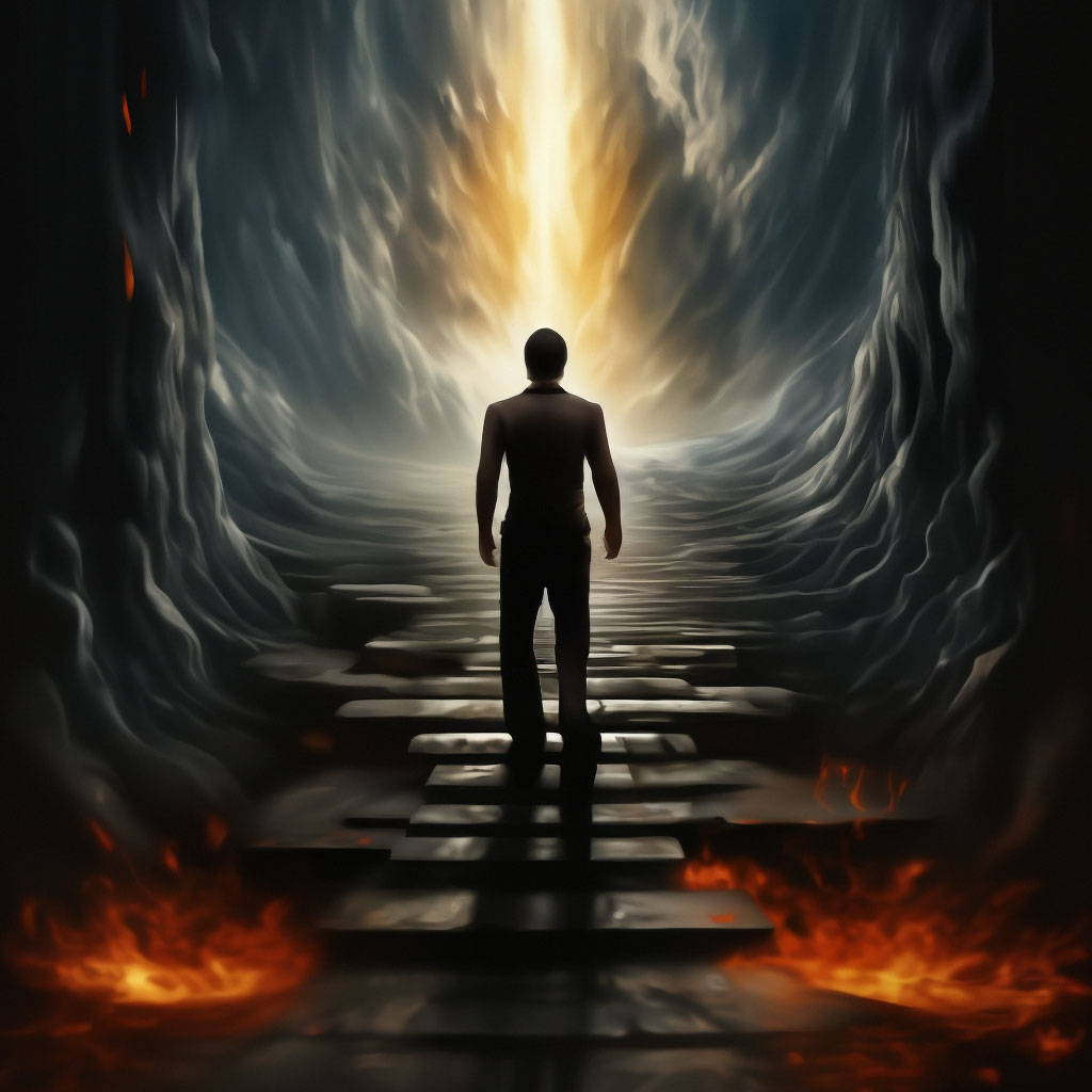 "Digital painting, man steps from Darkness into Light, choice, good and ...