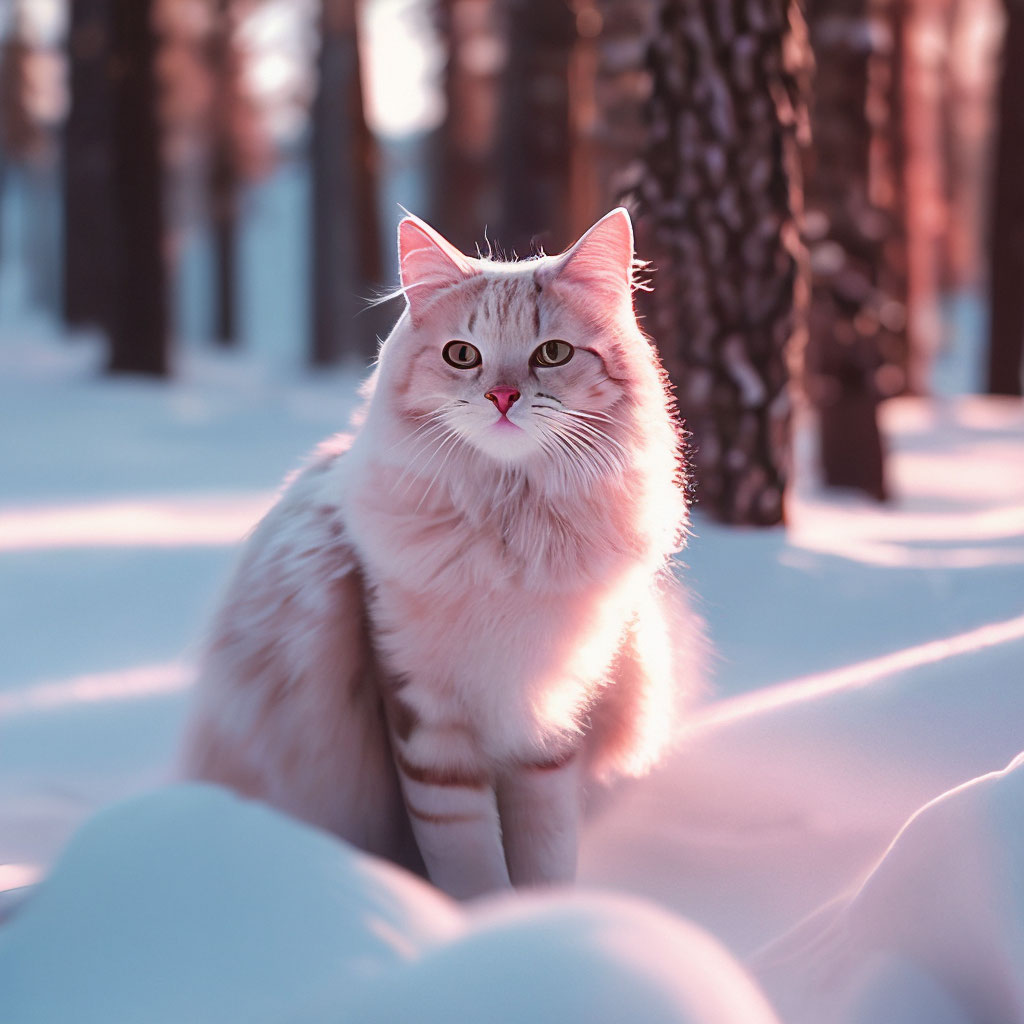 "Snow winter pines cute cats, white and pink tones , aesthetically ...