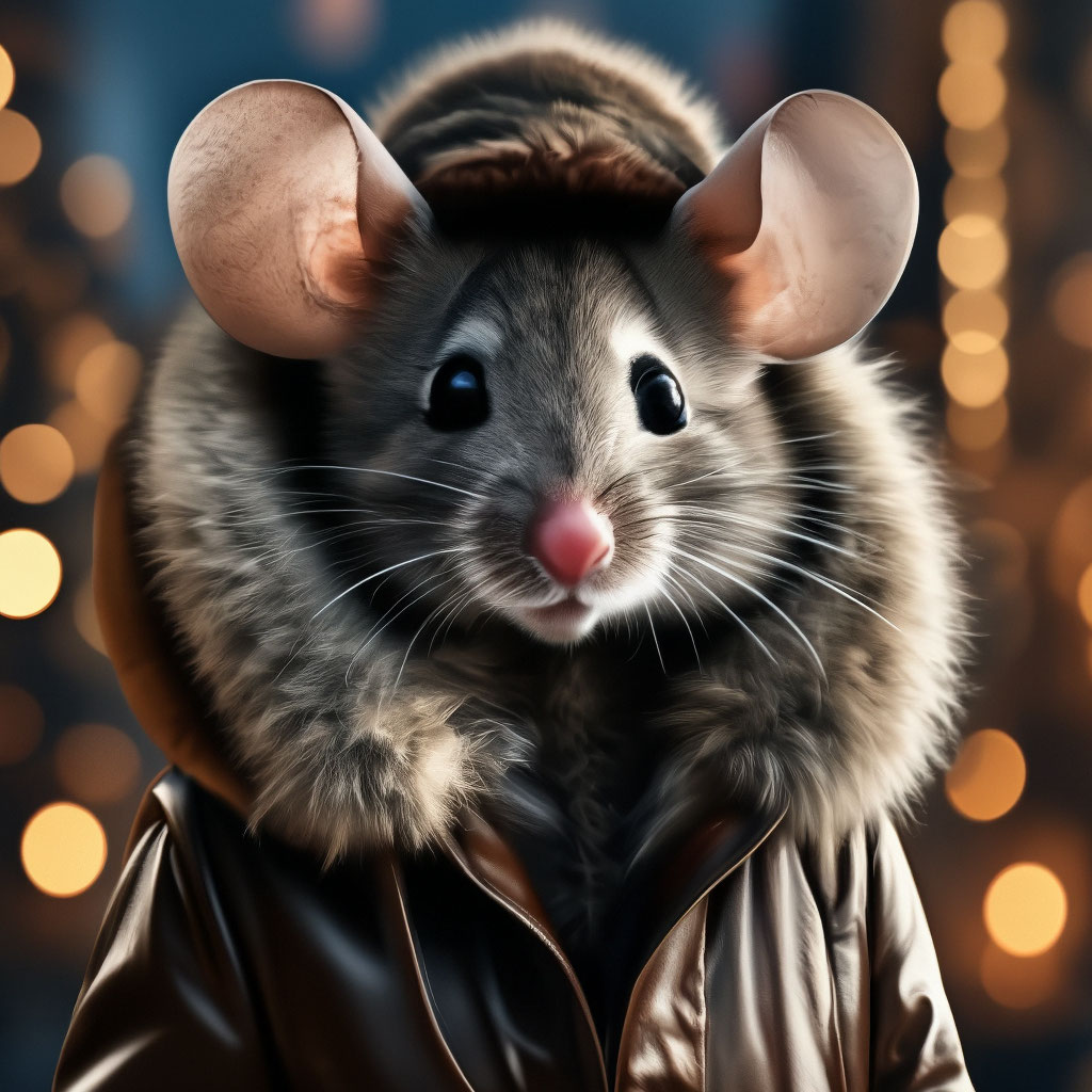 "Realistic high resolution gloss a mouse in a fur coat and a hat with a ...
