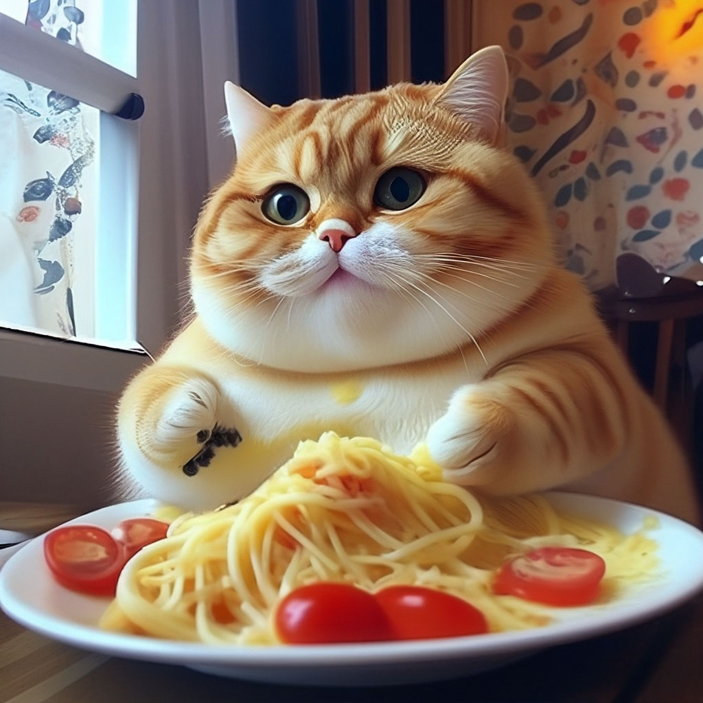 "Cute, fat cat eating spaghetti, hyper cute" — image created in Shedevrum