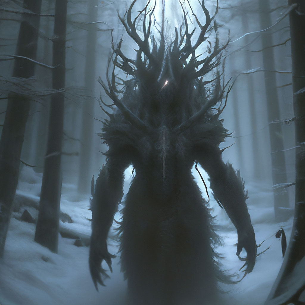 "Primal fear, high detail, high resolution, winter forest, dim lighting ...