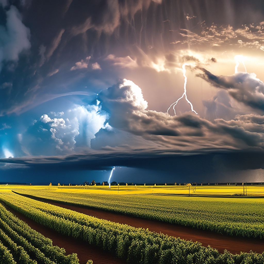 "Through the clouds, a beam over the field, rain is gathering, low ...