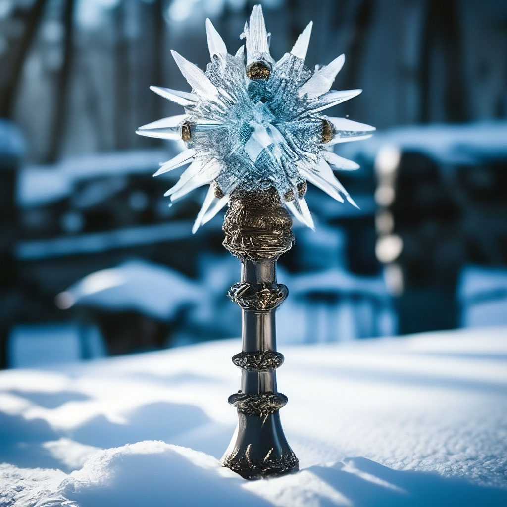 "A spiked mace made of ice, transparent against the snow" — image ...