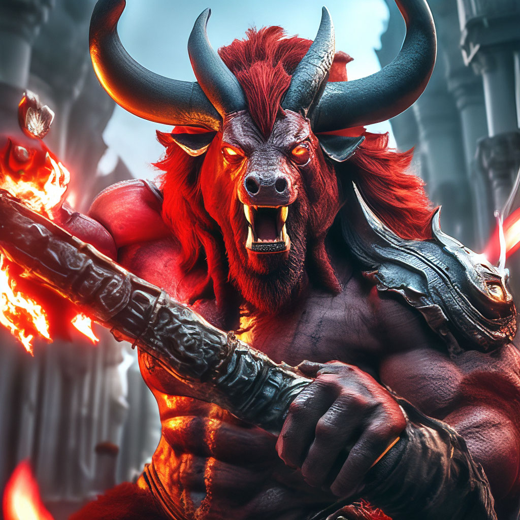 "Minotaur big black horns, red body, red mane, red beard, fiery eyes ...