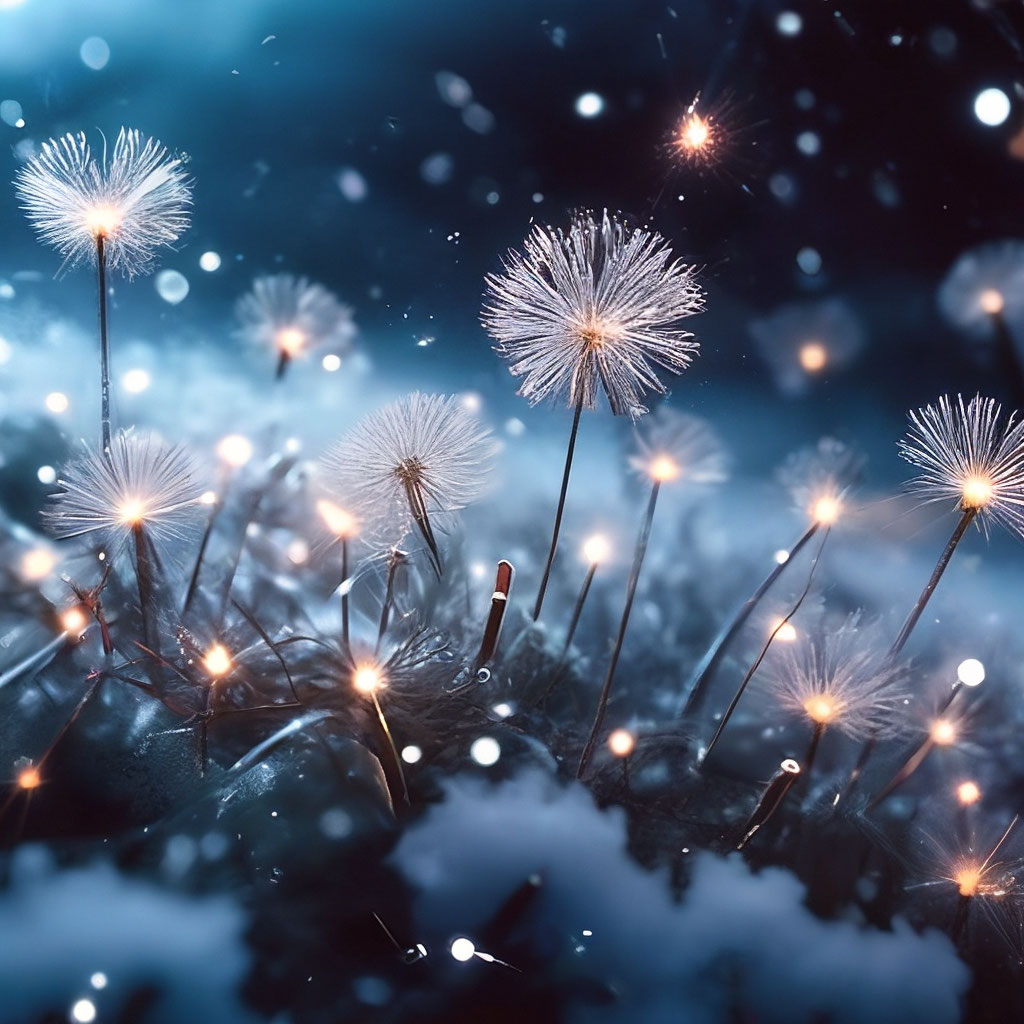 "Hyperrealism, aquamarine frozen snow, many aerial dandelions flying ...