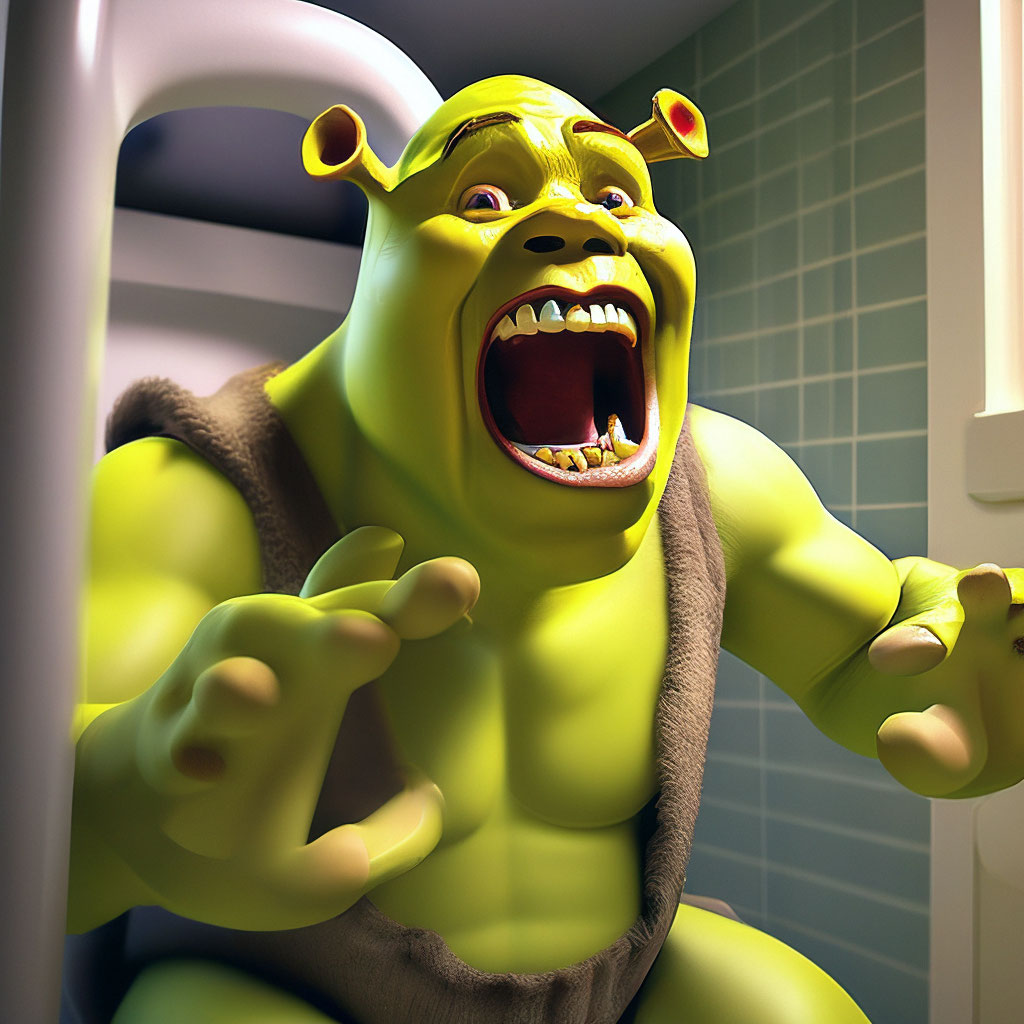 "Shrek shouts at the toilet realism" — image created in Shedevrum