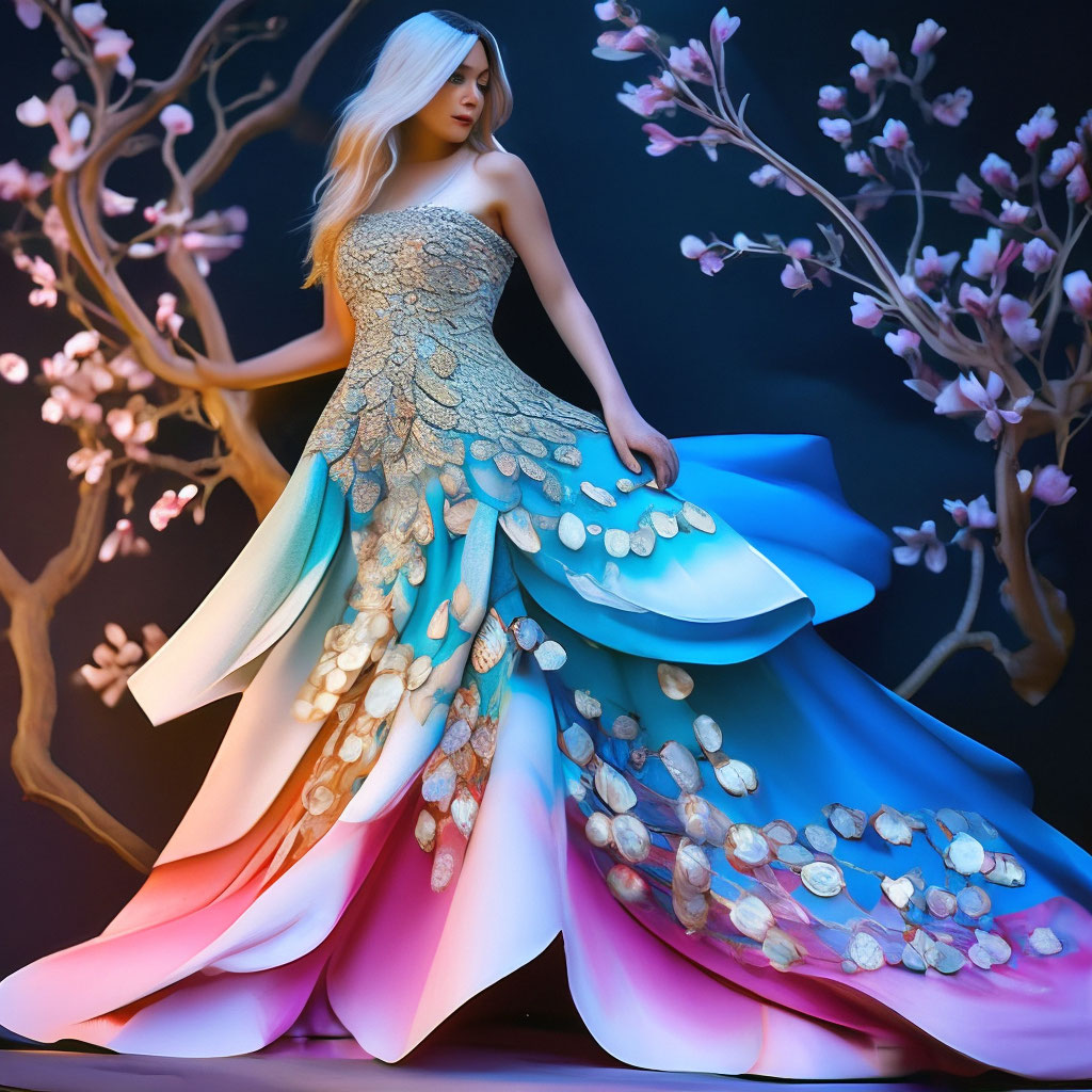 "Acrylic,,gradient color, magnolia ,girl in a dress made of precious ...