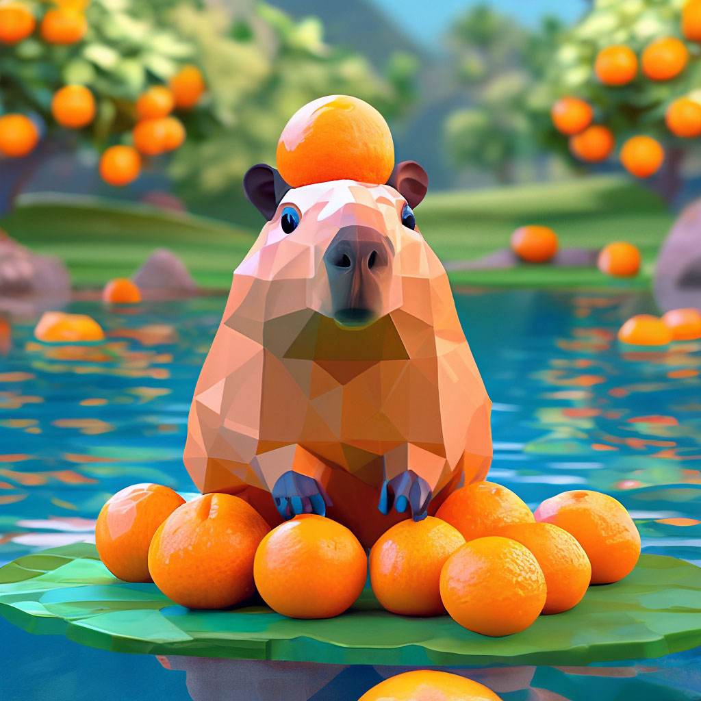 "A capybara in a pond with oranges and an orange on its head" — image ...