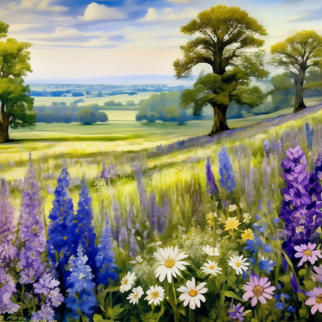 "A field entirely overgrown with tall flowers, heather, delphiniums ...