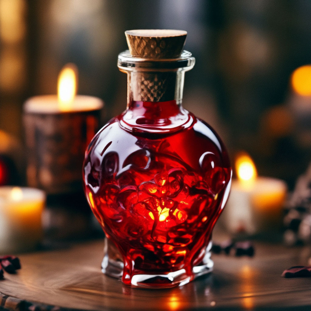 "Realistic photo, incredibly beautiful bottle with a potion of ...