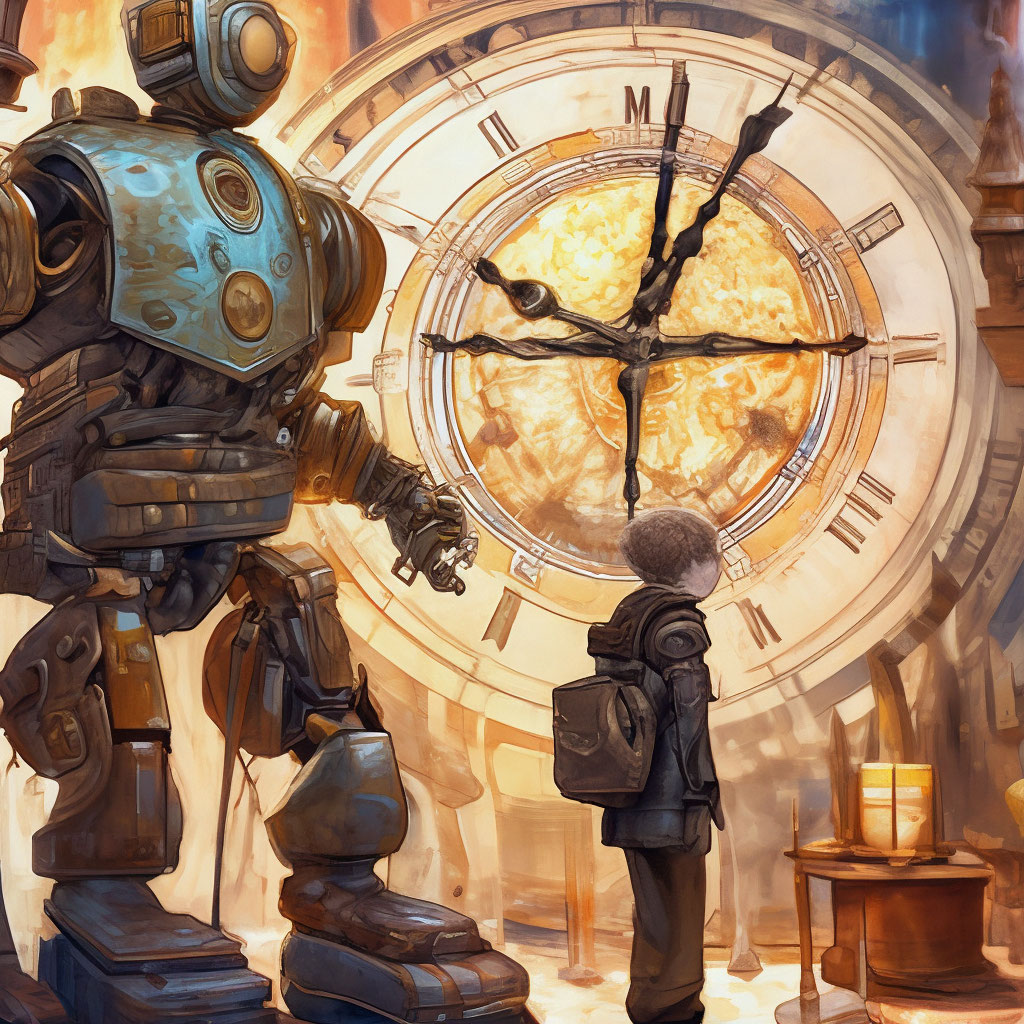 "An old battered anthropomorphic android robot near a huge openwork ...