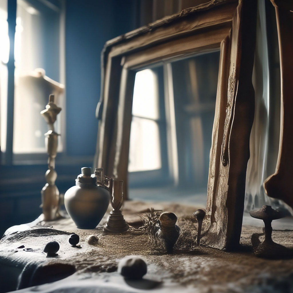 "Mysterious surroundings, dusty mirror and framed glass, covered with ...
