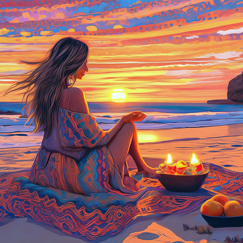 "A beach sunset where a boho girl enjoys a warm evening sitting on the ...