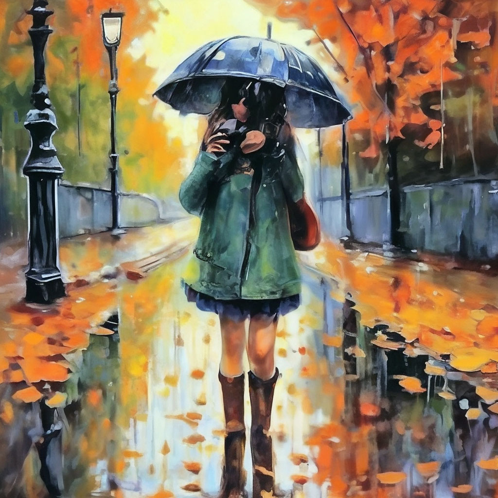 "I walk through puddles, with my foot-top, top The autumn rain hits my ...