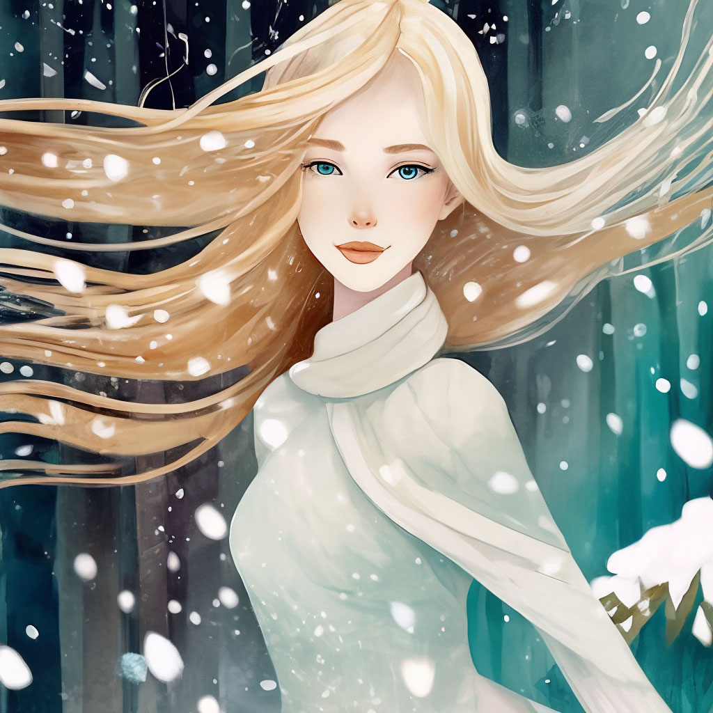 Snow Maiden runs through a snowy forest, snow in blonde hair, looks ...