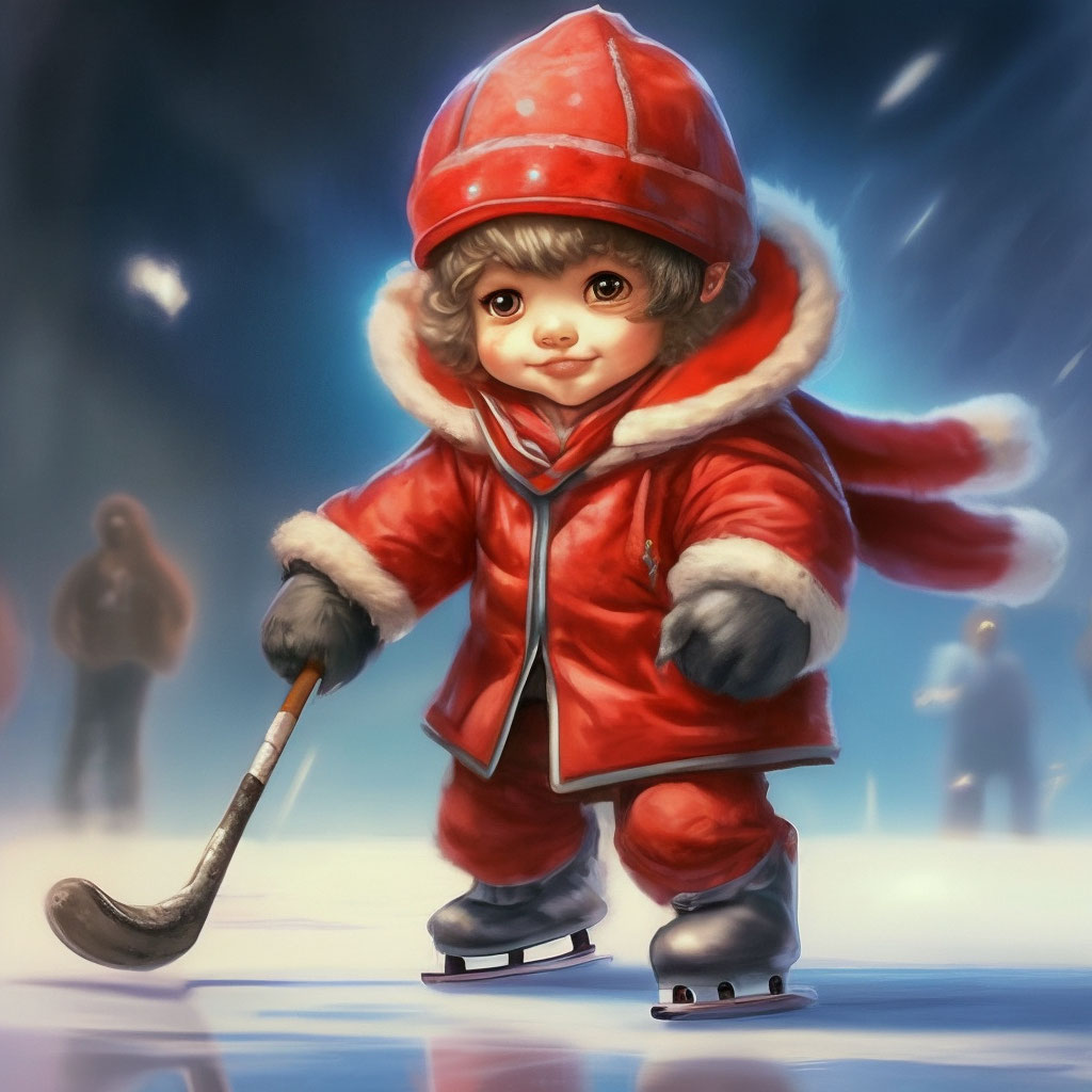"A cute little midget with chibi eyes, in a fur coat, red trousers ...