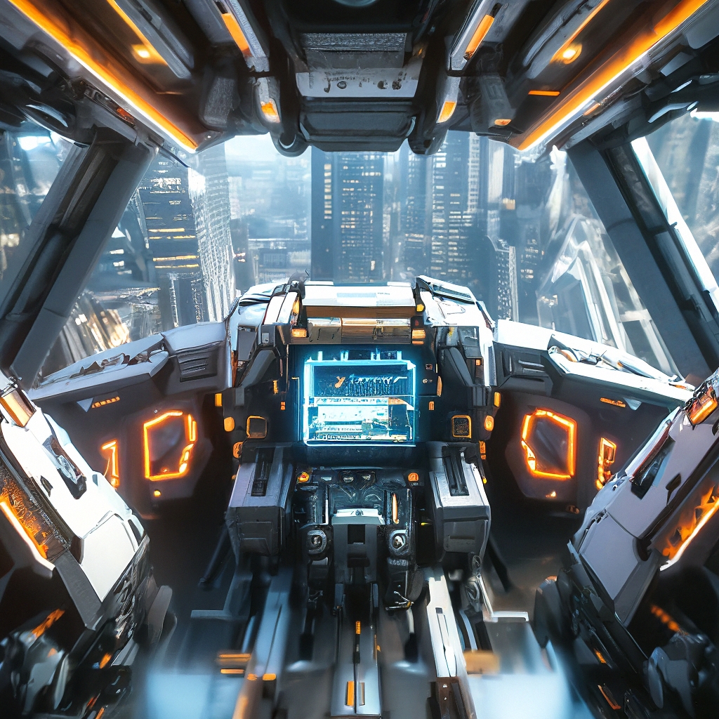 "View from the cockpit of a large robot, in the style of BatleTehc ...