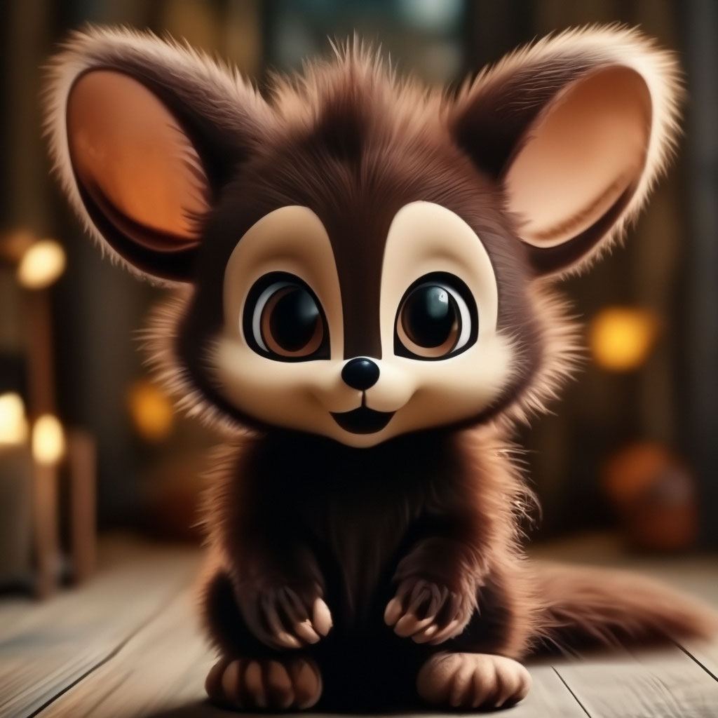 "A fabulous creature made of dark brown fur with a large head, a round ...
