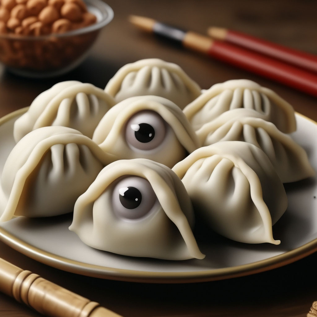 "Dumplings with eyes on the table" — image created in Shedevrum
