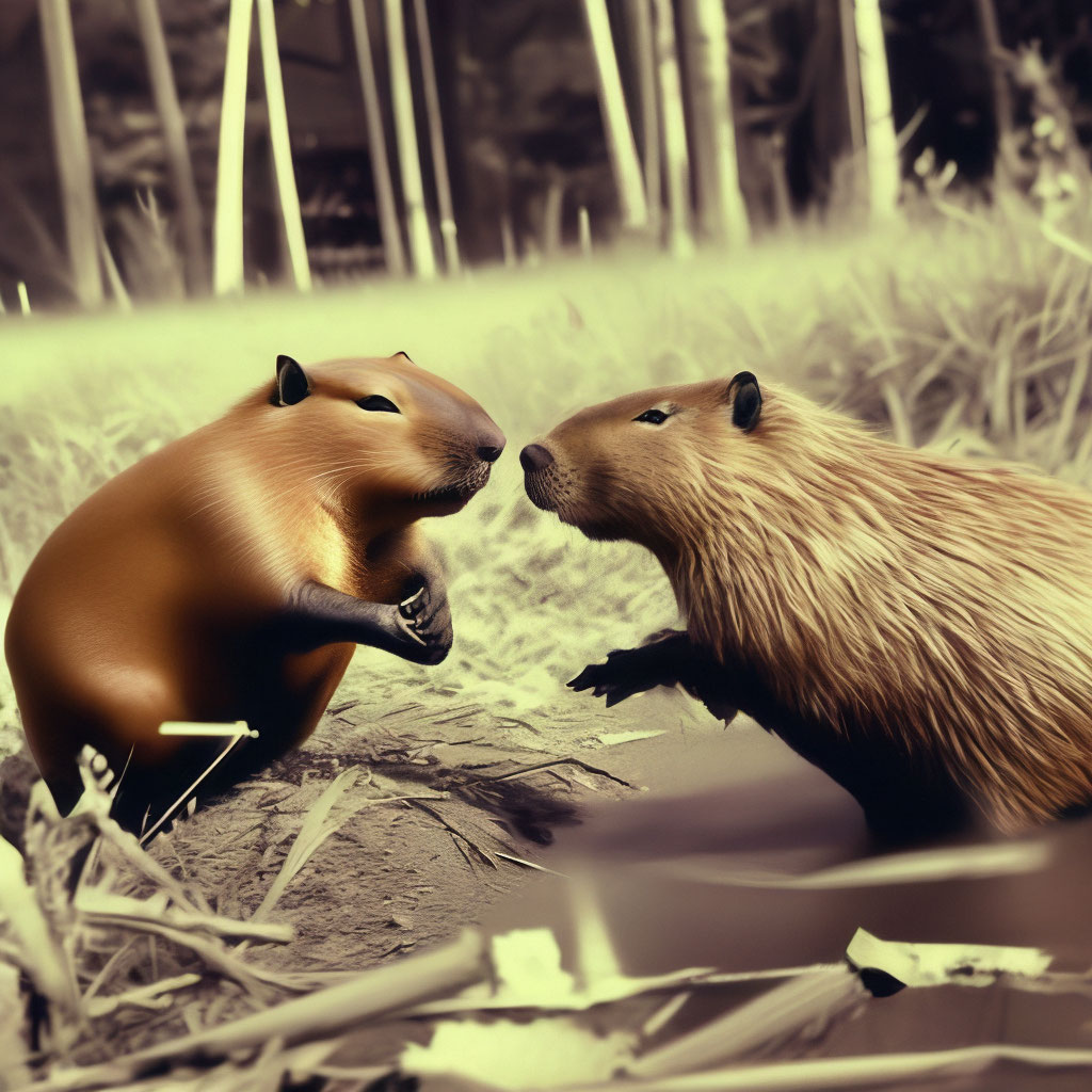 "Beavers vs capybaras battle in the field" — image created in Shedevrum