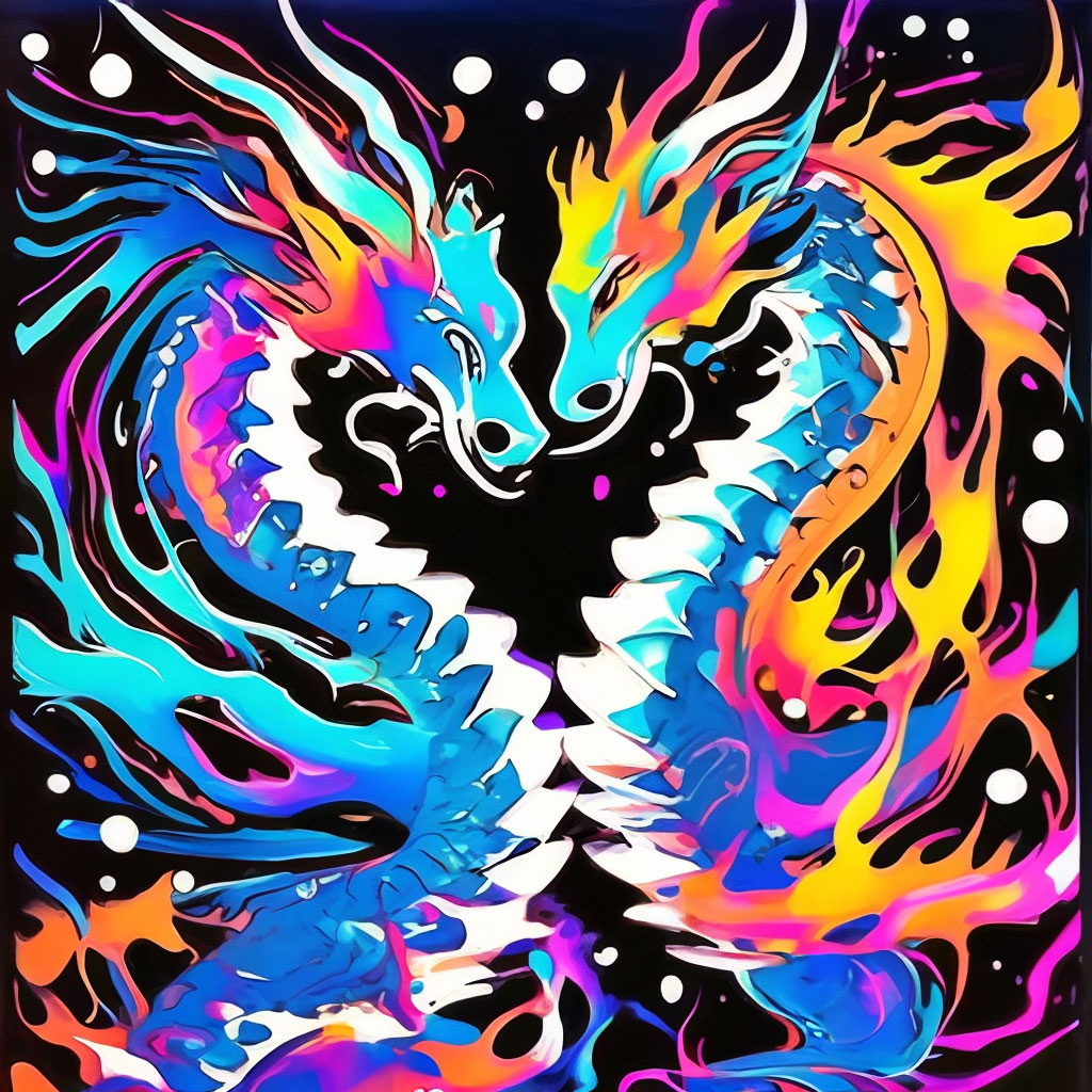 "Dragons, dancing pair of dragons, ink, contour, minimalism, streaks ...