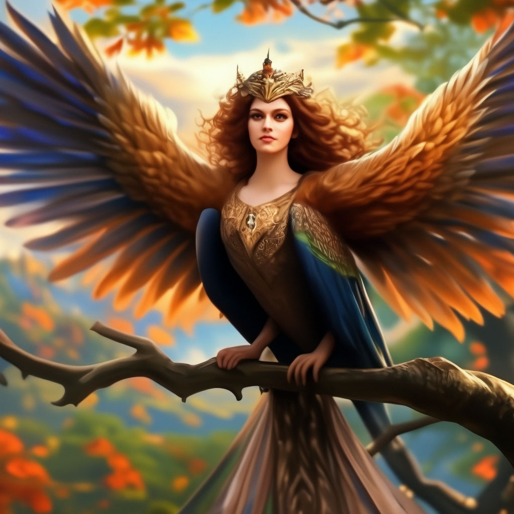"Slavic mythical rainbow bird woman Gamayun with a long tail and a ...