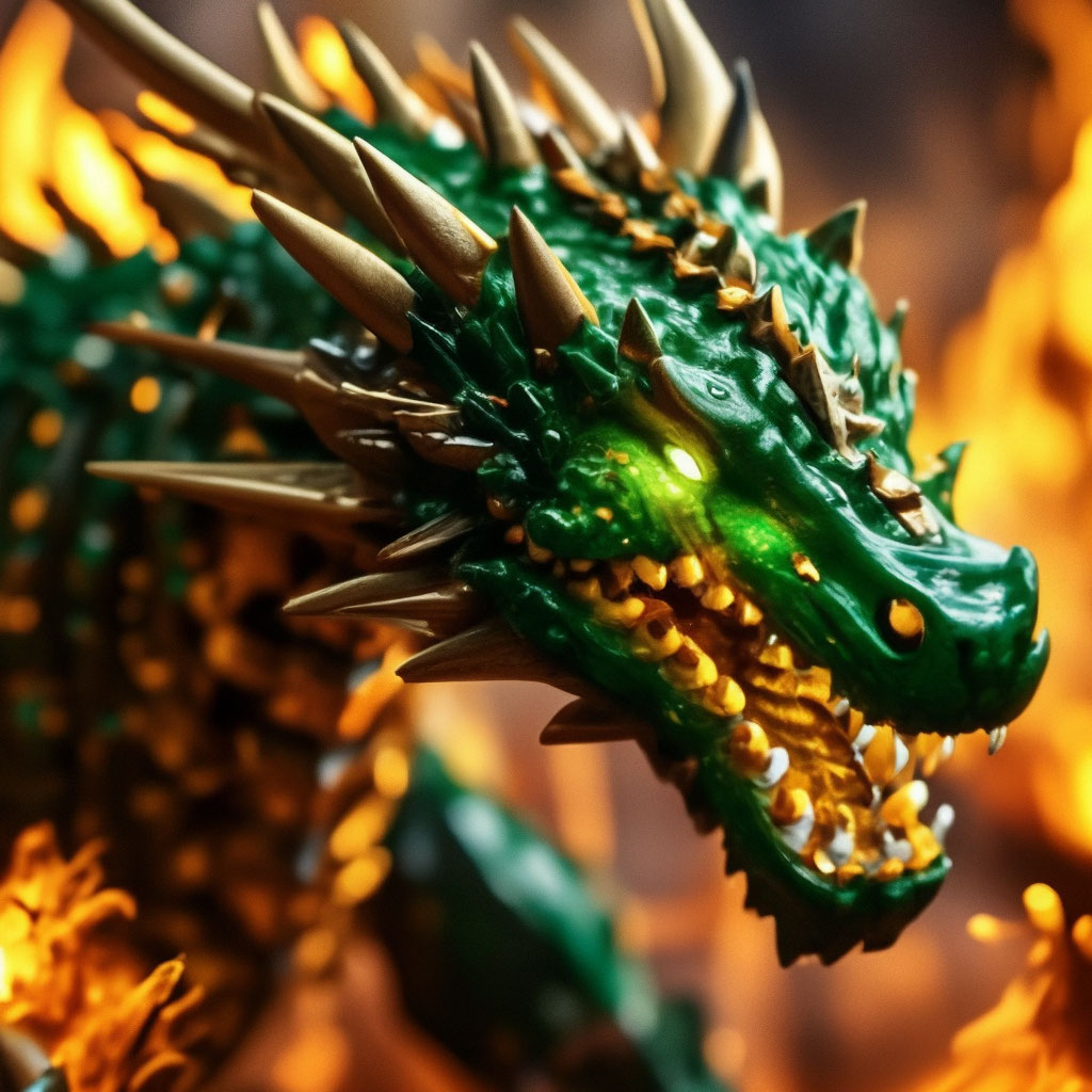 "The green Lego dragon is ablaze with fire in macro photography, good ...