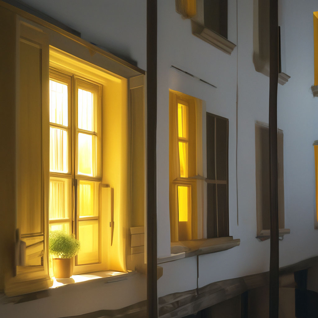 "Old white building, yellow lighting from the window, nostalgia, peace ...