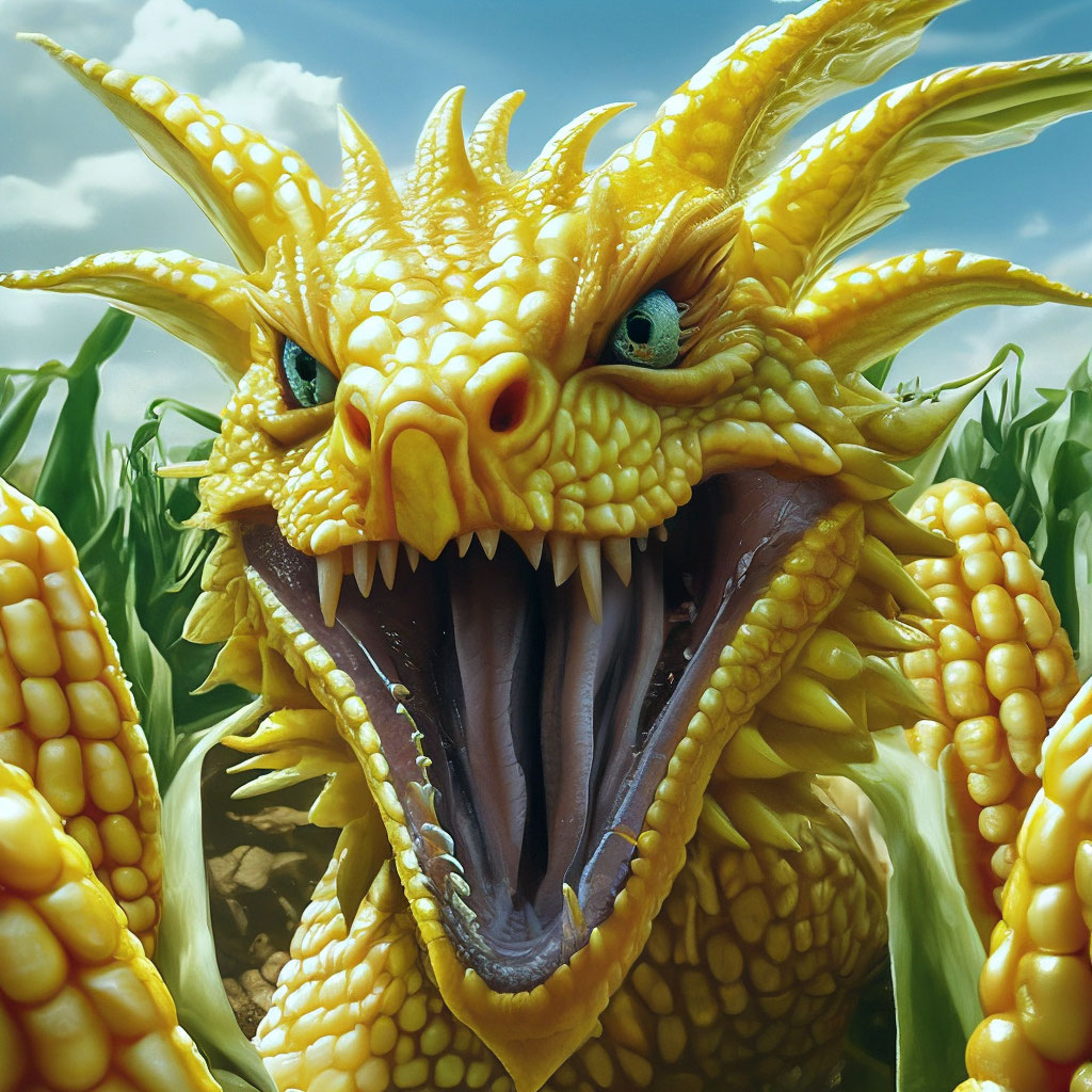 "Dragon corn, animated corn, details of a lizard and a dragon, scales ...