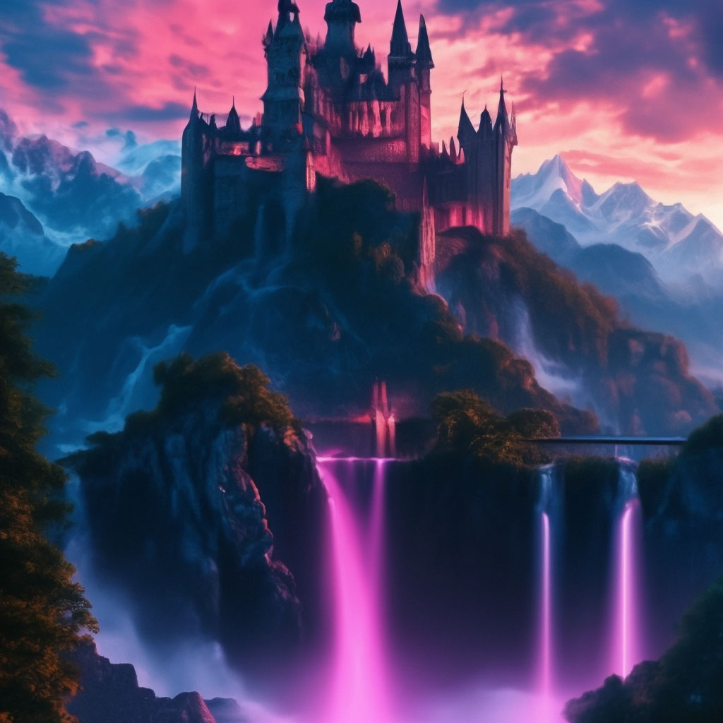 "Dragon over gothic castle clouds mountains waterfalls forest" — image ...