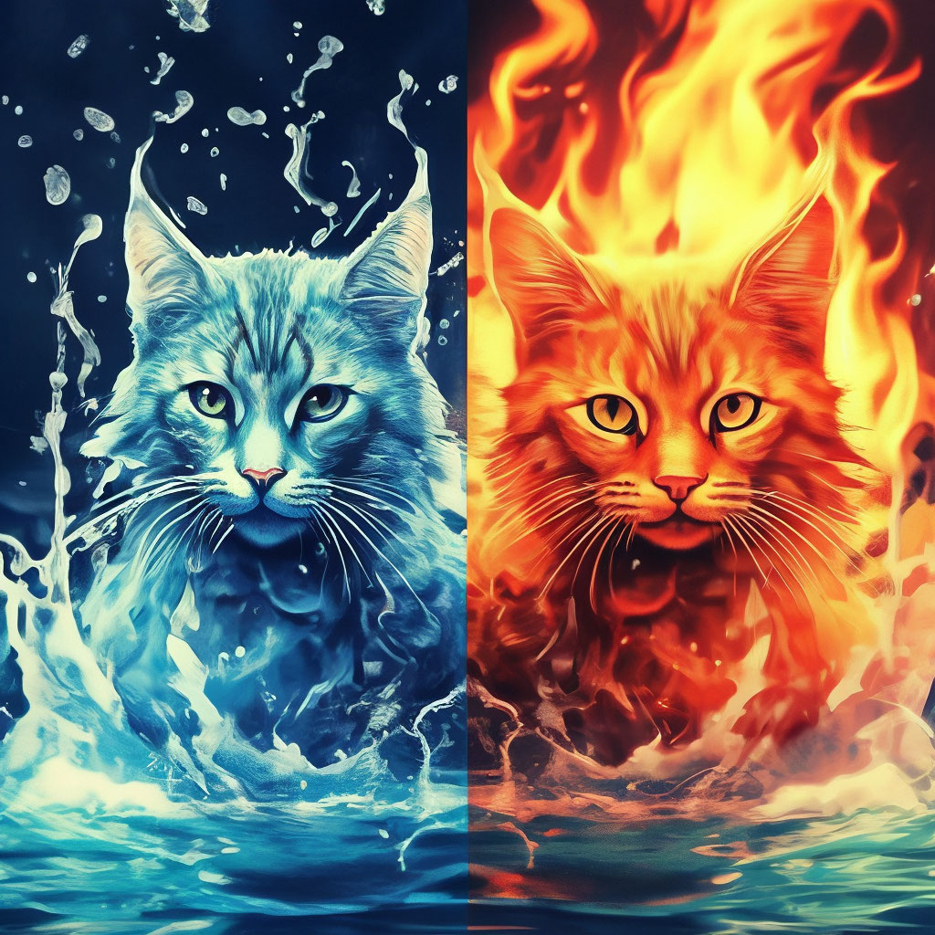 "Water cat and fire cat" — image created in Shedevrum