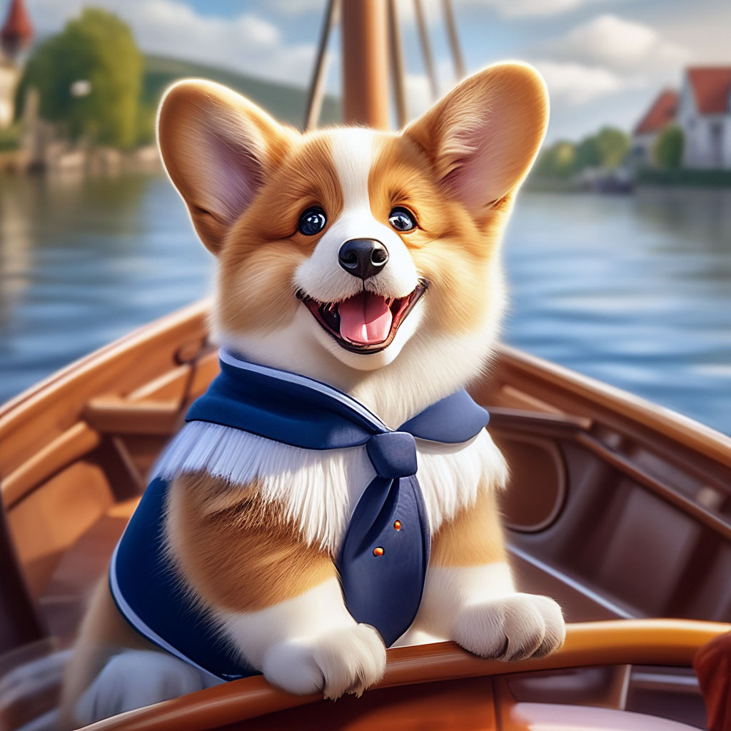"Cute fluffy smiling corgi puppy with big brown eyes, in a sailor suit ...
