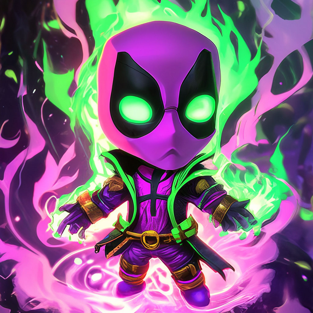 "Hybrid deadpool+necromancer, chibi, green flame, purple smoke ...